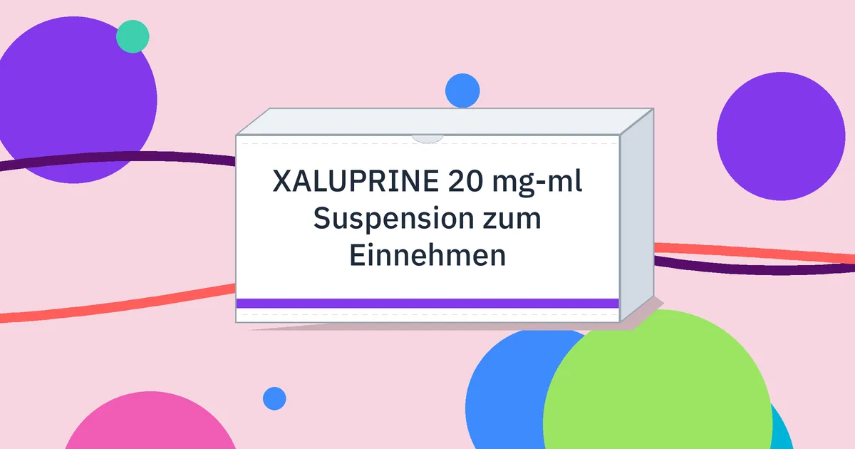 Symbolbild: Packung mit der Aufschrift XALUPRINE 20 mg-ml Suspension zum Einnehmen (PZN 20227734) – Verfügbarkeit und Bezug in Apotheken in Frankfurt am Main
