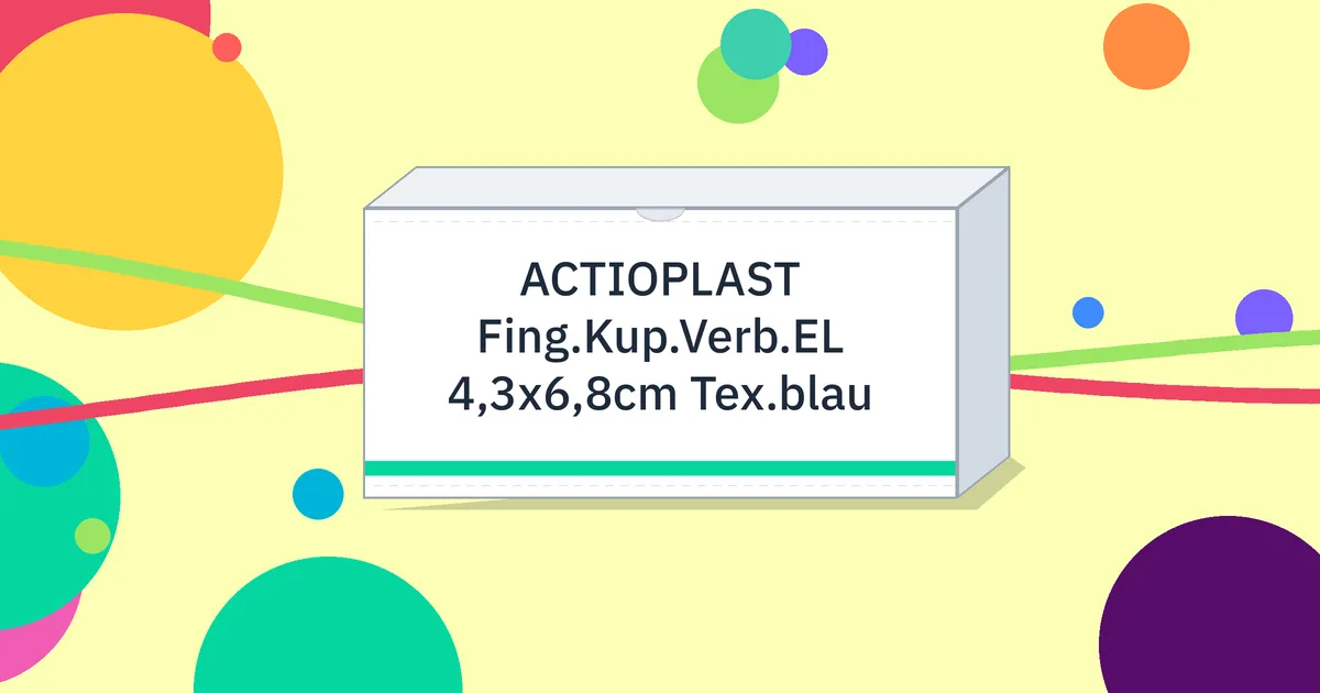 Symbolbild: Packung mit der Aufschrift ACTIOPLAST Fing.Kup.Verb.EL 4,3x6,8cm Tex.blau (PZN 06589229) – Verfügbarkeit und Bezug in Apotheken in Frankfurt am Main