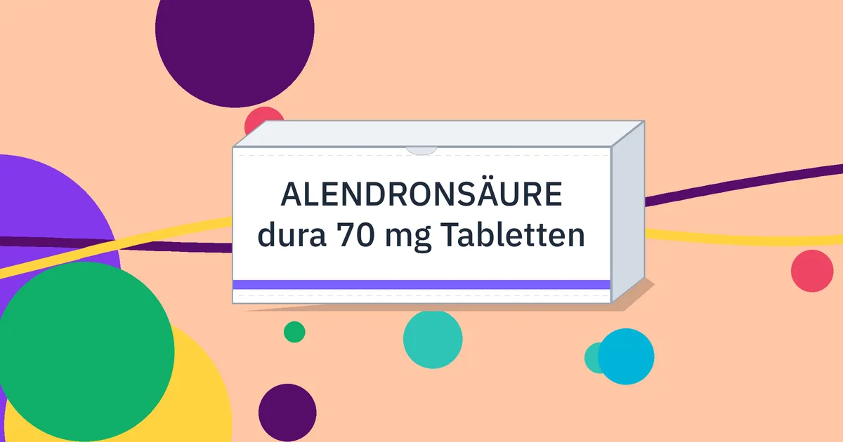 Symbolbild: Packung mit der Aufschrift ALENDRONSÄURE dura 70 mg Tabletten (PZN 13198191) – Verfügbarkeit und Bezug in Apotheken in Frankfurt am Main