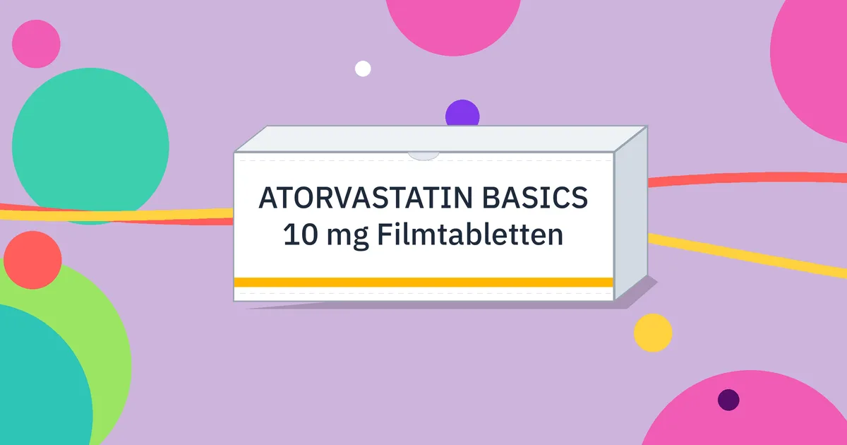 Symbolbild: Packung mit der Aufschrift ATORVASTATIN BASICS 10 mg Filmtabletten (PZN 00524217) – Verfügbarkeit und Bezug in Apotheken in Frankfurt am Main