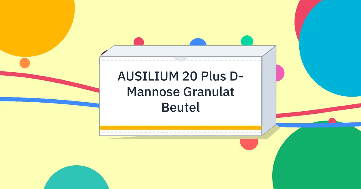 Symbolbild: Packung mit der Aufschrift AUSILIUM 20 Plus D-Mannose Granulat Beutel (PZN 19438101) – Verfügbarkeit und Bezug in Apotheken in Frankfurt am Main