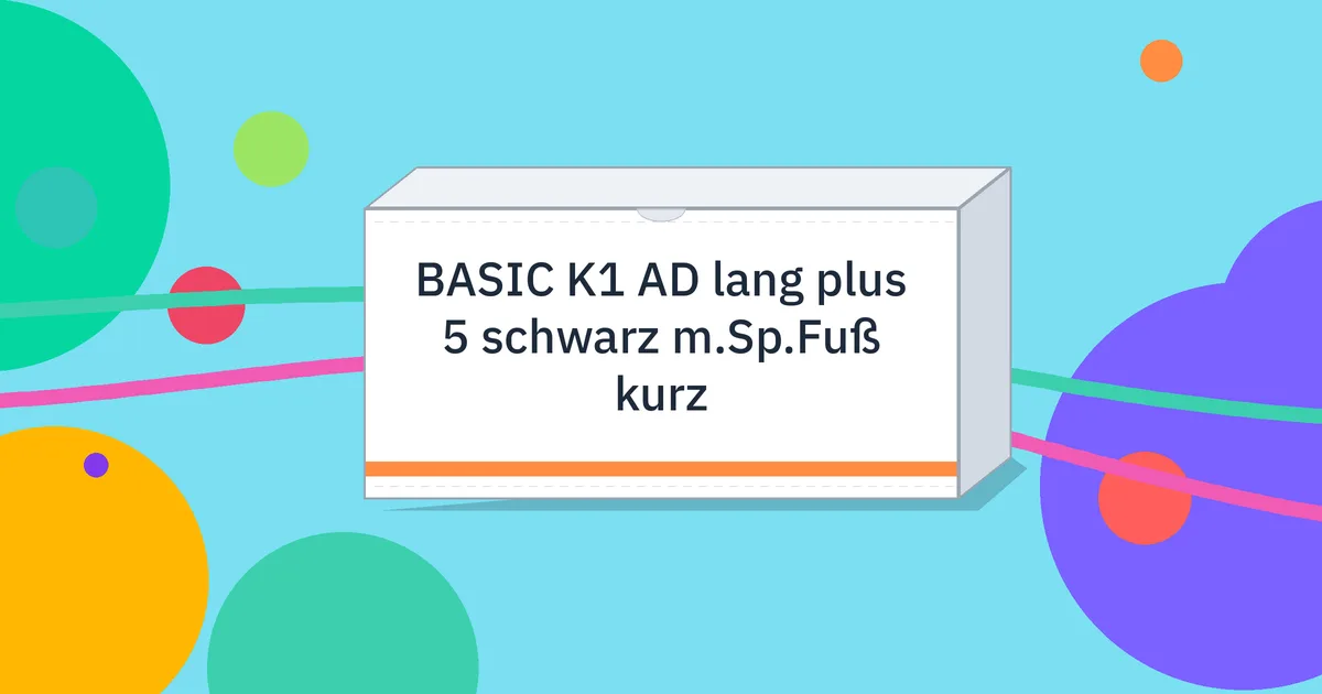 Symbolbild: Packung mit der Aufschrift BASIC K1 AD lang plus 5 schwarz m.Sp.Fuß kurz (PZN 20258692) – Verfügbarkeit und Bezug in Apotheken in Frankfurt am Main
