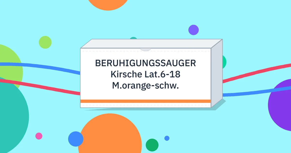 Symbolbild: Packung mit der Aufschrift BERUHIGUNGSSAUGER Kirsche Lat.6-18 M.orange-schw. (PZN 20188483) – Verfügbarkeit und Bezug in Apotheken in Frankfurt am Main