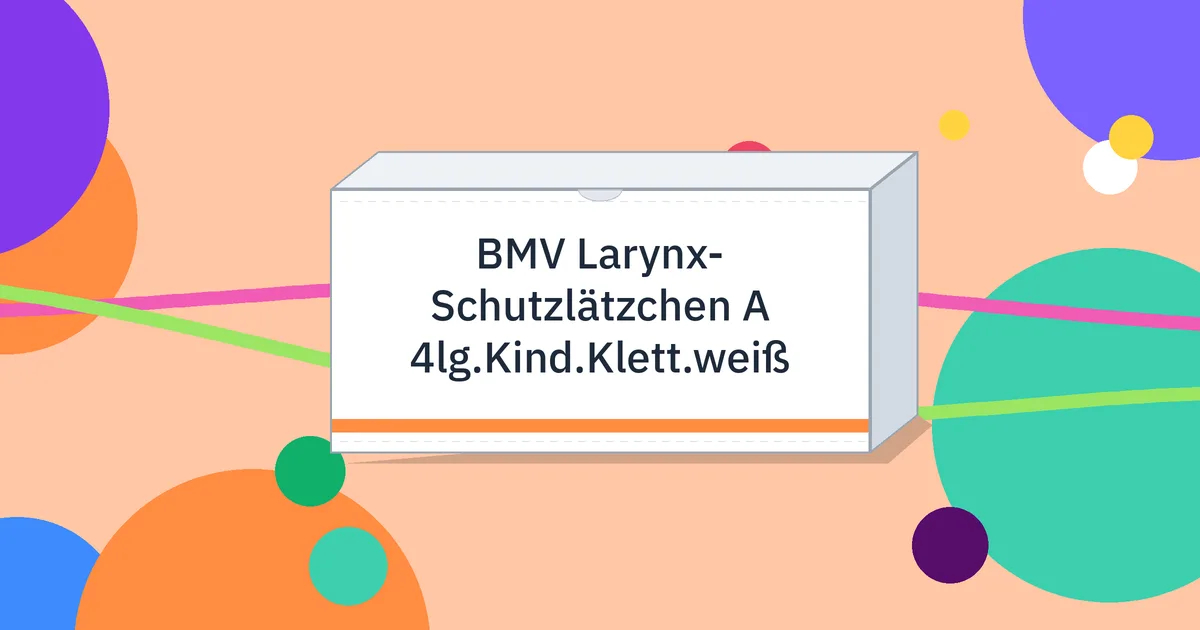 Symbolbild: Packung mit der Aufschrift BMV Larynx-Schutzlätzchen A 4lg.Kind.Klett.weiß (PZN 10083642) – Verfügbarkeit und Bezug in Apotheken in Frankfurt am Main