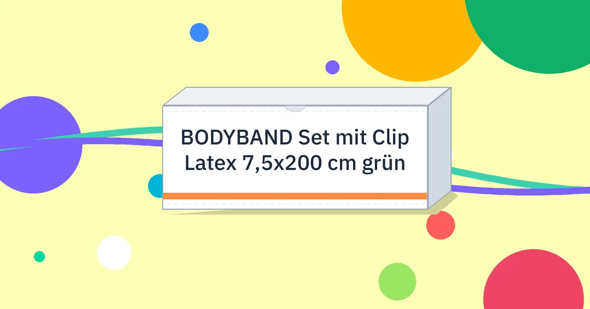 Symbolbild: Packung mit der Aufschrift BODYBAND Set mit Clip Latex 7,5x200 cm grün (PZN 10076493) – Verfügbarkeit und Bezug in Apotheken in Frankfurt am Main