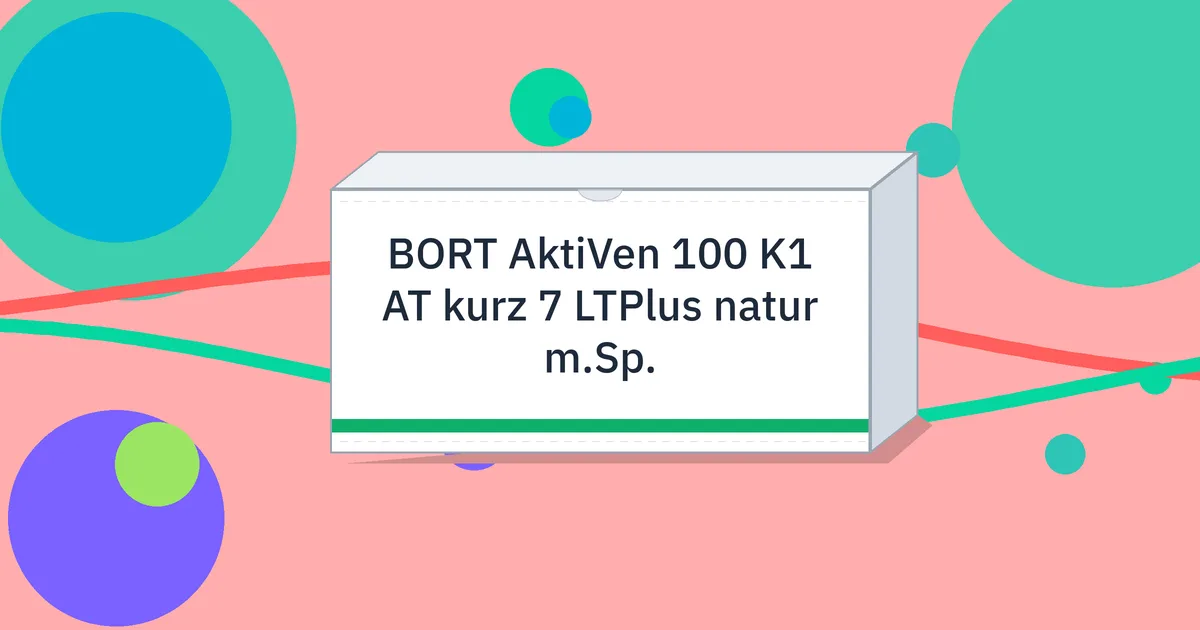 Symbolbild: Packung mit der Aufschrift BORT AktiVen 100 K1 AT kurz 7 LTPlus natur m.Sp. (PZN 18175680) – Verfügbarkeit und Bezug in Apotheken in Frankfurt am Main