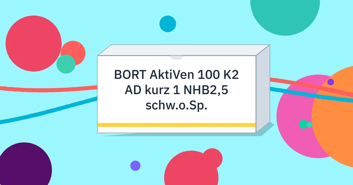 Symbolbild: Packung mit der Aufschrift BORT AktiVen 100 K2 AD kurz 1 NHB2,5 schw.o.Sp. (PZN 17501686) – Verfügbarkeit und Bezug in Apotheken in Frankfurt am Main
