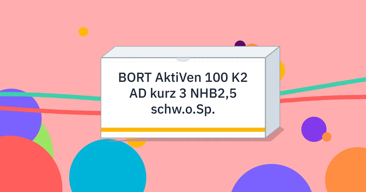 Symbolbild: Packung mit der Aufschrift BORT AktiVen 100 K2 AD kurz 3 NHB2,5 schw.o.Sp. (PZN 17501700) – Verfügbarkeit und Bezug in Apotheken in Frankfurt am Main