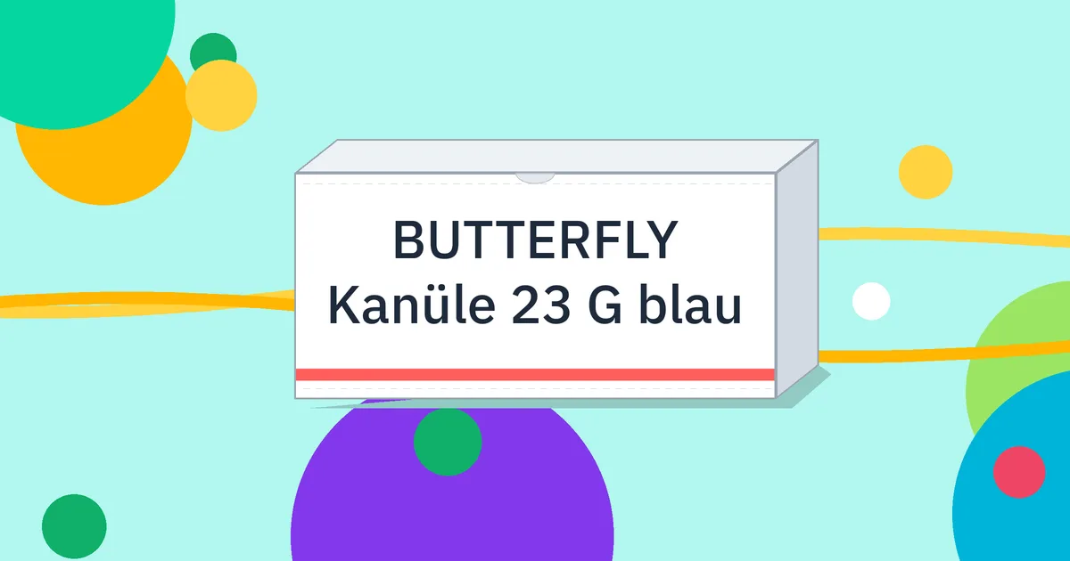 Symbolbild: Packung mit der Aufschrift BUTTERFLY Kanüle 23 G blau (PZN 06463273) – Verfügbarkeit und Bezug in Apotheken in Frankfurt am Main