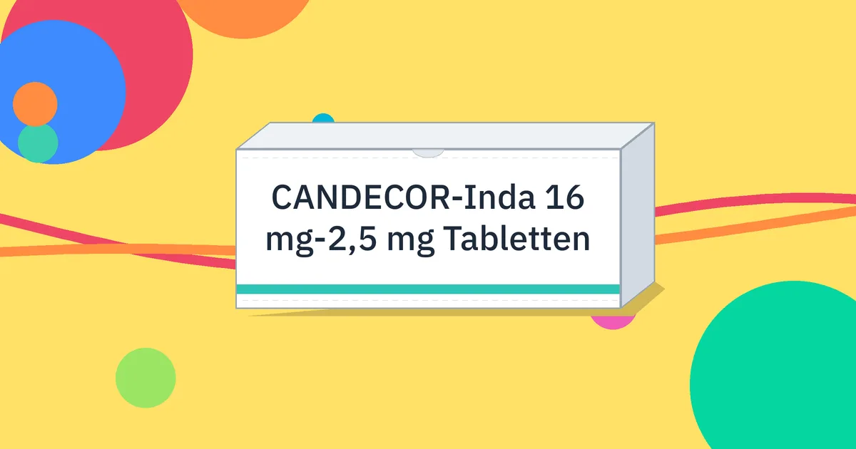 Symbolbild: Packung mit der Aufschrift CANDECOR-Inda 16 mg-2,5 mg Tabletten (PZN 19552104) – Verfügbarkeit und Bezug in Apotheken in Frankfurt am Main