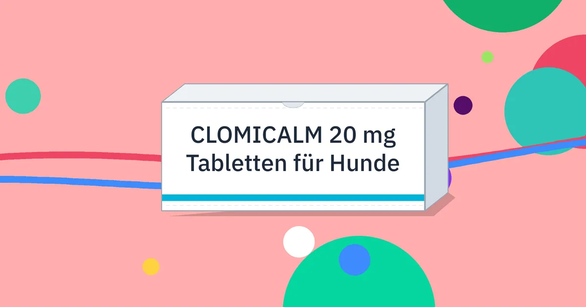 Symbolbild: Packung mit der Aufschrift CLOMICALM 20 mg Tabletten für Hunde (PZN 04301566) – Verfügbarkeit und Bezug in Apotheken in Frankfurt am Main