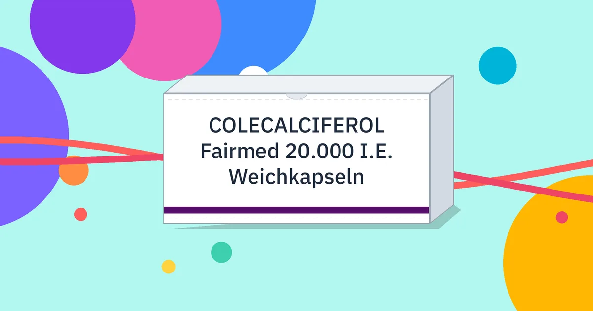 Symbolbild: Packung mit der Aufschrift COLECALCIFEROL Fairmed 20.000 I.E. Weichkapseln (PZN 16564302) – Verfügbarkeit und Bezug in Apotheken in Frankfurt am Main