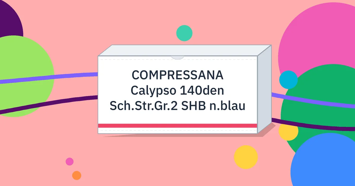 Symbolbild: Packung mit der Aufschrift COMPRESSANA Calypso 140den Sch.Str.Gr.2 SHB n.blau (PZN 11218400) – Verfügbarkeit und Bezug in Apotheken in Frankfurt am Main