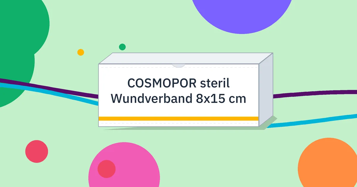 Symbolbild: Packung mit der Aufschrift COSMOPOR steril Wundverband 8x15 cm (PZN 16205141) – Verfügbarkeit und Bezug in Apotheken in Frankfurt am Main