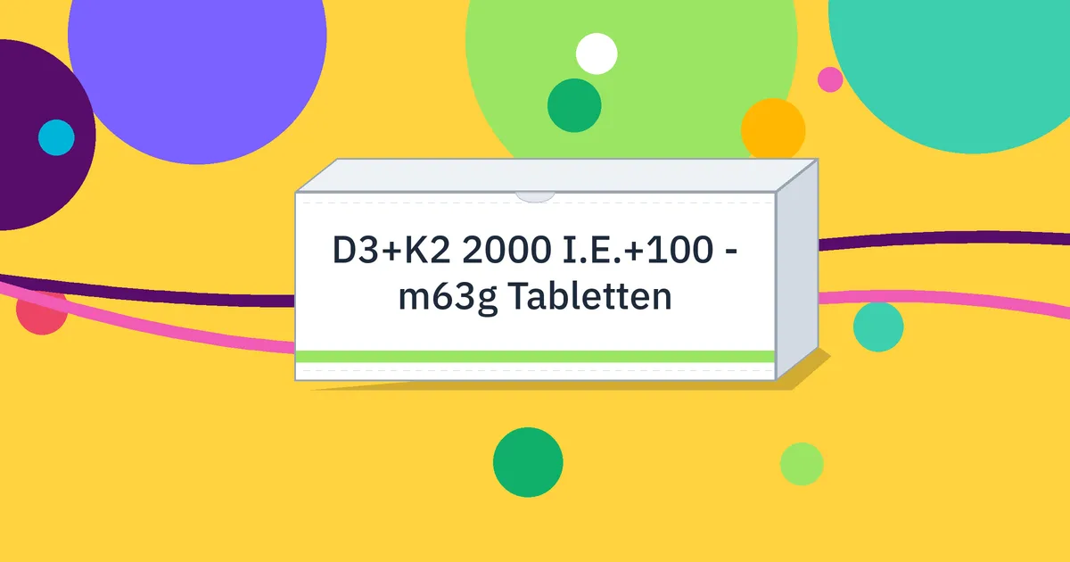 Symbolbild: Packung mit der Aufschrift D3+K2 2000 I.E.+100 -m63g Tabletten (PZN 15434595) – Verfügbarkeit und Bezug in Apotheken in Frankfurt am Main