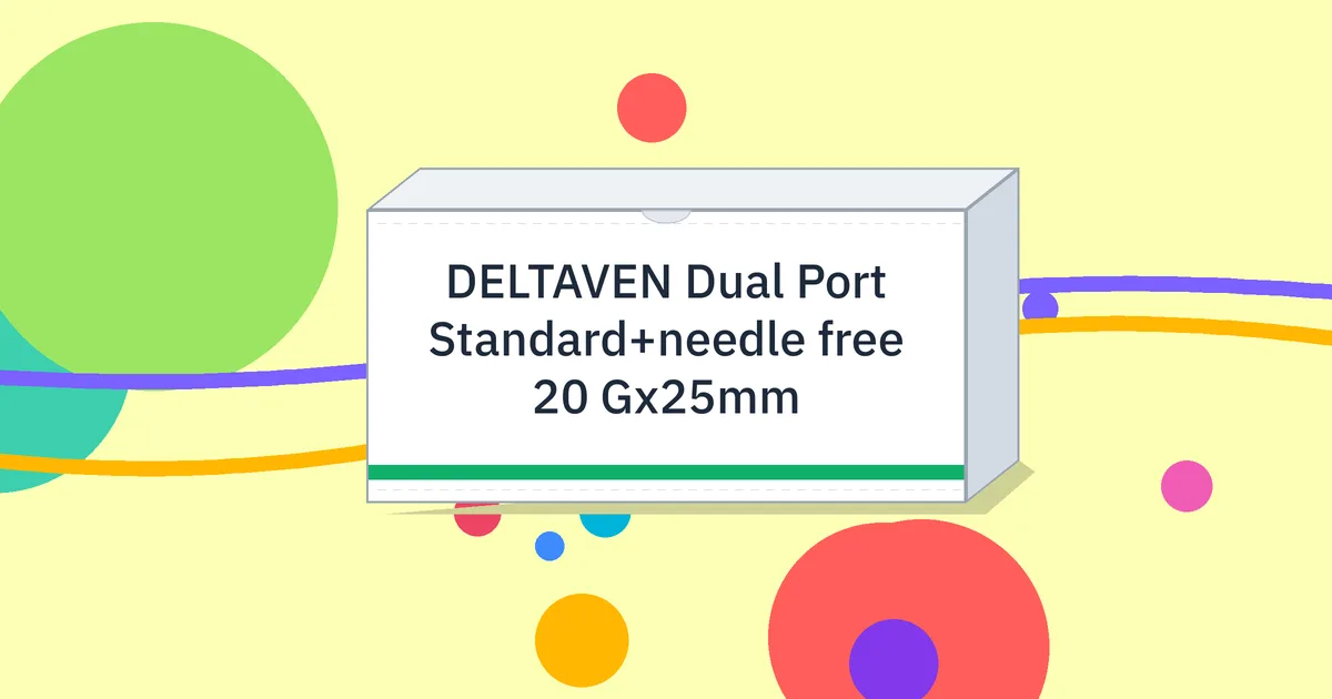 Symbolbild: Packung mit der Aufschrift DELTAVEN Dual Port Standard+needle free 20 Gx25mm (PZN 18873668) – Verfügbarkeit und Bezug in Apotheken in Frankfurt am Main