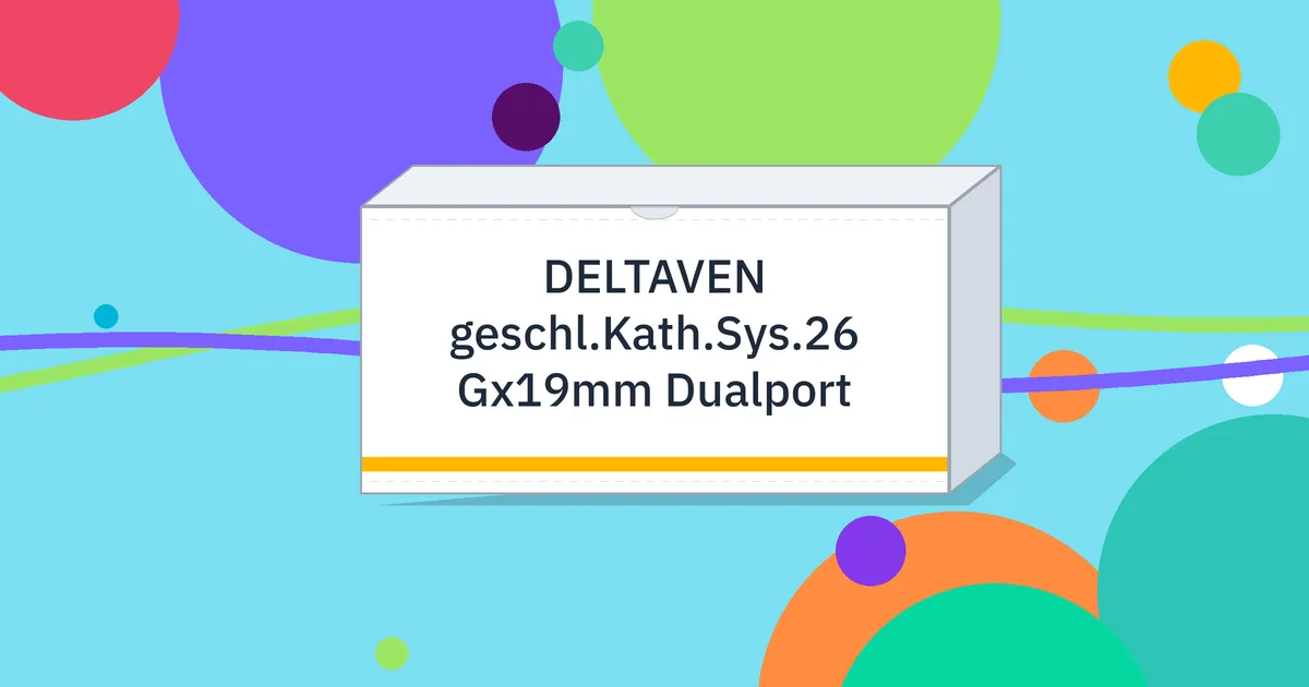 Symbolbild: Packung mit der Aufschrift DELTAVEN geschl.Kath.Sys.26 Gx19mm Dualport (PZN 13977015) – Verfügbarkeit und Bezug in Apotheken in Frankfurt am Main