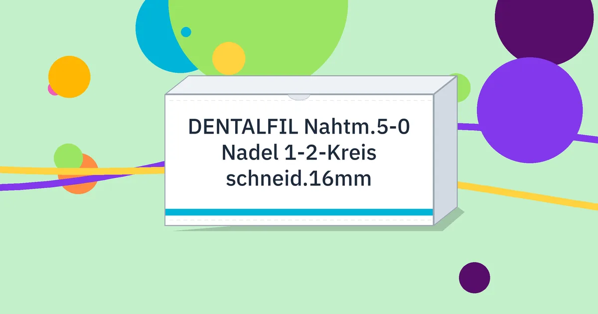 Symbolbild: Packung mit der Aufschrift DENTALFIL Nahtm.5-0 Nadel 1-2-Kreis schneid.16mm (PZN 13655180) – Verfügbarkeit und Bezug in Apotheken in Frankfurt am Main