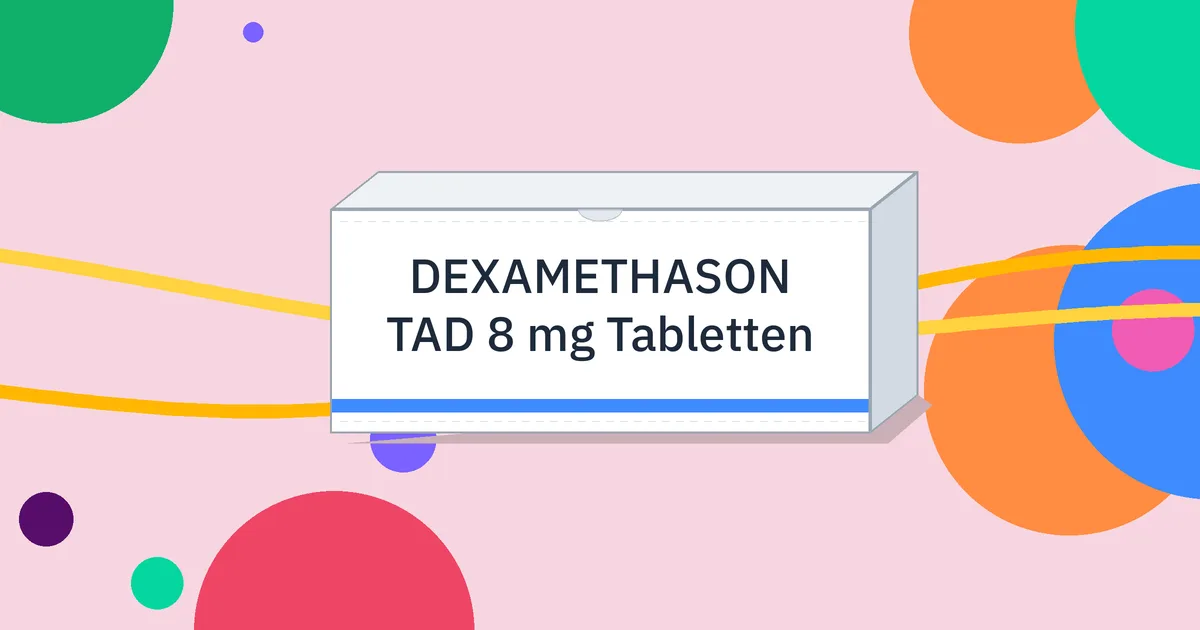 Symbolbild: Packung mit der Aufschrift DEXAMETHASON TAD 8 mg Tabletten (PZN 13754456) – Verfügbarkeit und Bezug in Apotheken in Frankfurt am Main