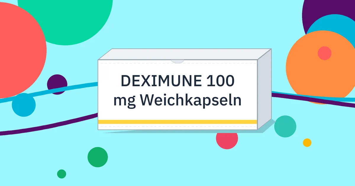 Symbolbild: Packung mit der Aufschrift DEXIMUNE 100 mg Weichkapseln (PZN 06056421) – Verfügbarkeit und Bezug in Apotheken in Frankfurt am Main