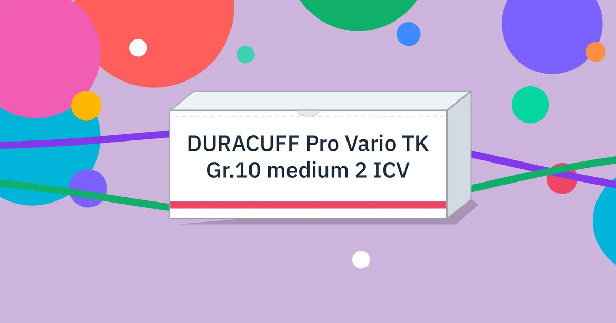 Symbolbild: Packung mit der Aufschrift DURACUFF Pro Vario TK Gr.10 medium 2 ICV (PZN 19245052) – Verfügbarkeit und Bezug in Apotheken in Frankfurt am Main