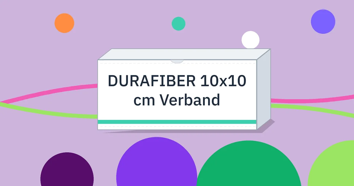 Symbolbild: Packung mit der Aufschrift DURAFIBER 10x10 cm Verband (PZN 19752079) – Verfügbarkeit und Bezug in Apotheken in Frankfurt am Main