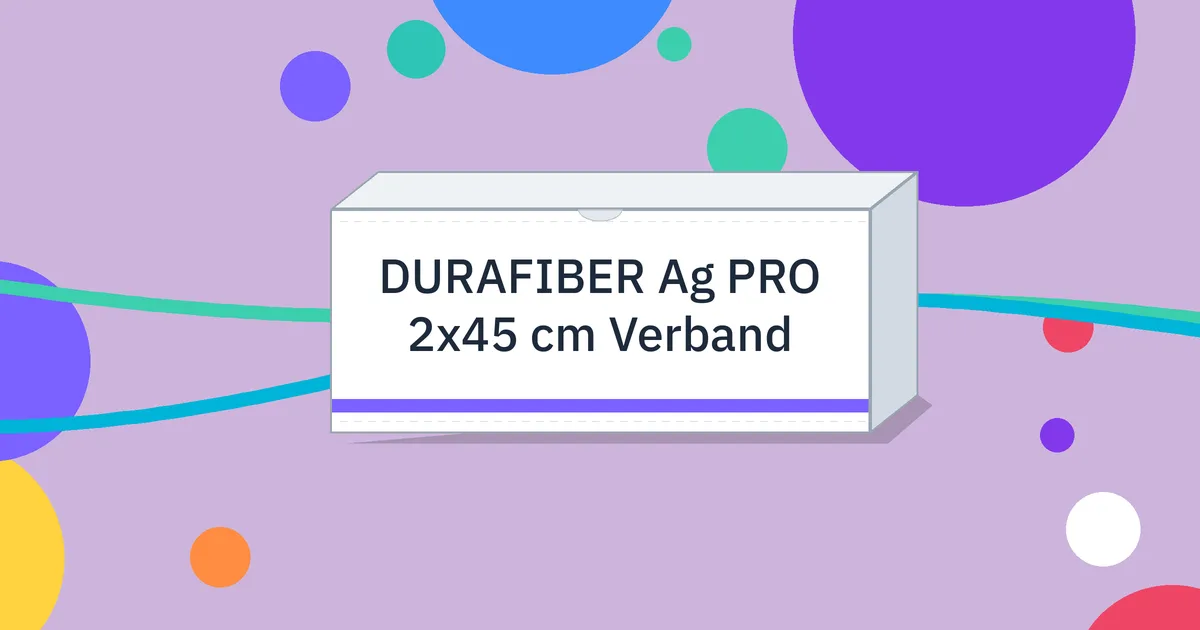 Symbolbild: Packung mit der Aufschrift DURAFIBER Ag PRO 2x45 cm Verband (PZN 20865311) – Verfügbarkeit und Bezug in Apotheken in Frankfurt am Main
