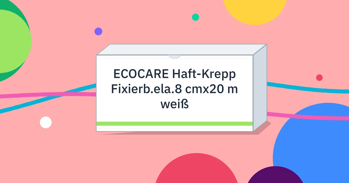 Symbolbild: Packung mit der Aufschrift ECOCARE Haft-Krepp Fixierb.ela.8 cmx20 m weiß (PZN 11518639) – Verfügbarkeit und Bezug in Apotheken in Frankfurt am Main