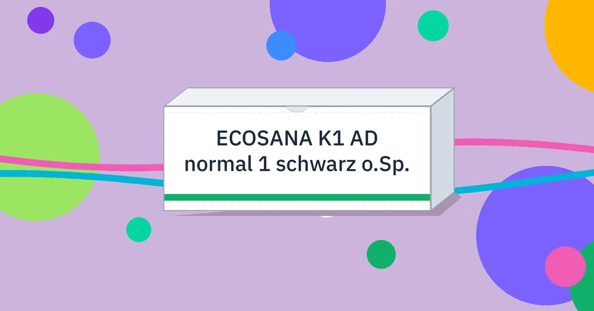 Symbolbild: Packung mit der Aufschrift ECOSANA K1 AD normal 1 schwarz o.Sp. (PZN 04724189) – Verfügbarkeit und Bezug in Apotheken in Frankfurt am Main
