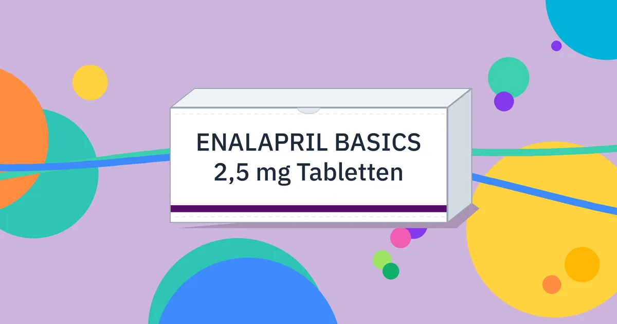 Symbolbild: Packung mit der Aufschrift ENALAPRIL BASICS 2,5 mg Tabletten (PZN 02235977) – Verfügbarkeit und Bezug in Apotheken in Frankfurt am Main