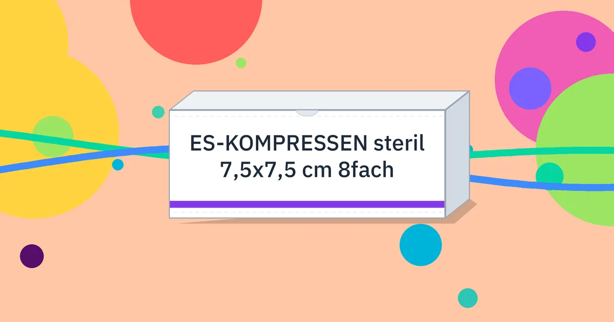 Symbolbild: Packung mit der Aufschrift ES-KOMPRESSEN steril 7,5x7,5 cm 8fach (PZN 18363157) – Verfügbarkeit und Bezug in Apotheken in Frankfurt am Main