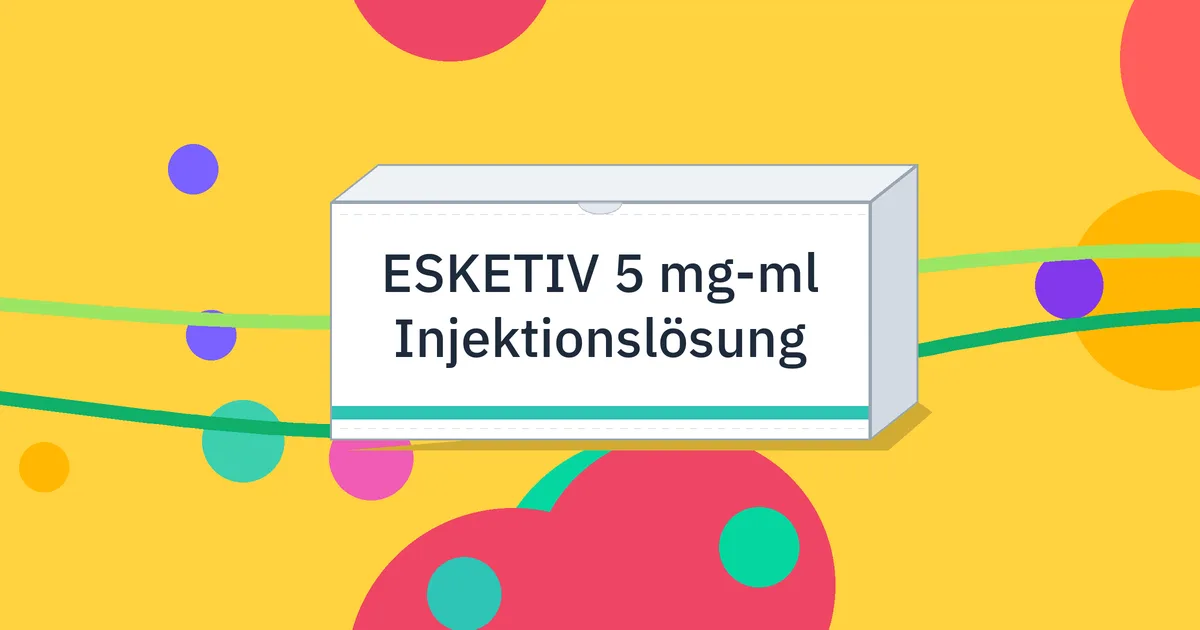 Symbolbild: Packung mit der Aufschrift ESKETIV 5 mg-ml Injektionslösung (PZN 15639280) – Verfügbarkeit und Bezug in Apotheken in Frankfurt am Main