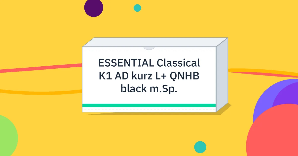 Symbolbild: Packung mit der Aufschrift ESSENTIAL Classical K1 AD kurz L+ QNHB black m.Sp. (PZN 18866792) – Verfügbarkeit und Bezug in Apotheken in Frankfurt am Main