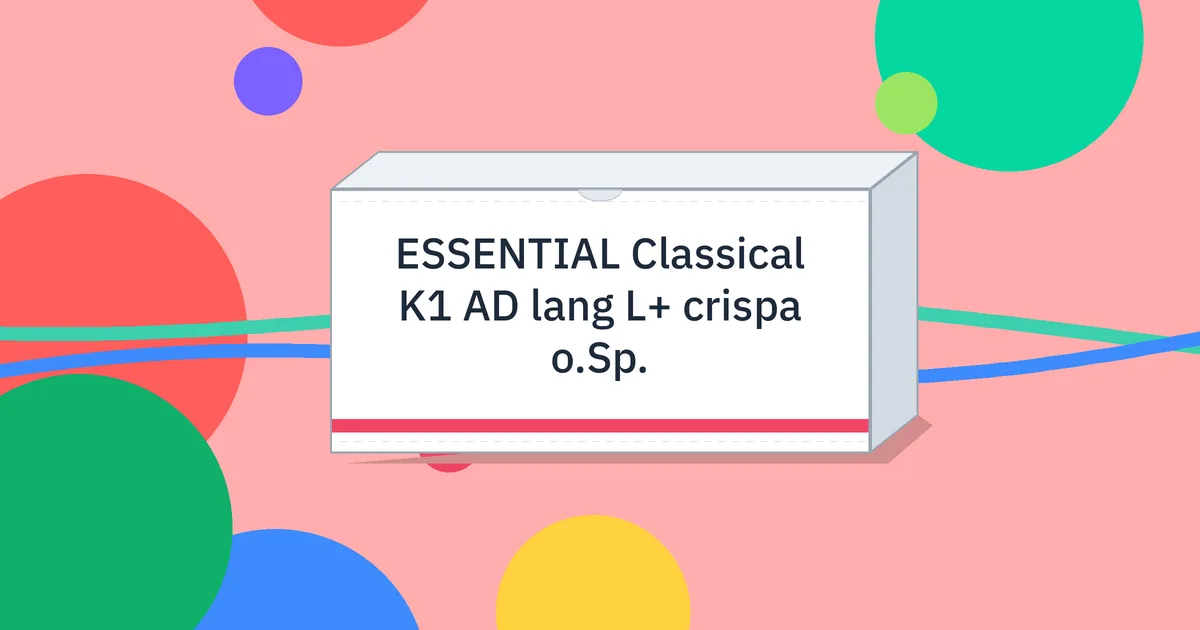 Symbolbild: Packung mit der Aufschrift ESSENTIAL Classical K1 AD lang L+ crispa o.Sp. (PZN 17000978) – Verfügbarkeit und Bezug in Apotheken in Frankfurt am Main