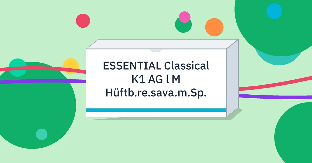 Symbolbild: Packung mit der Aufschrift ESSENTIAL Classical K1 AG l M Hüftb.re.sava.m.Sp. (PZN 17013001) – Verfügbarkeit und Bezug in Apotheken in Frankfurt am Main