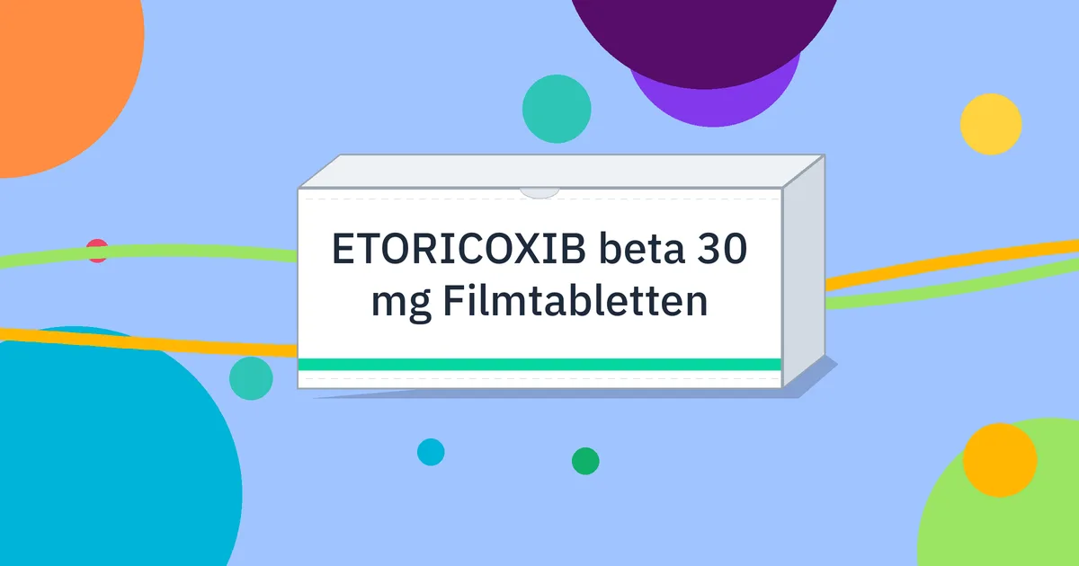 Symbolbild: Packung mit der Aufschrift ETORICOXIB beta 30 mg Filmtabletten (PZN 12444162) – Verfügbarkeit und Bezug in Apotheken in Frankfurt am Main