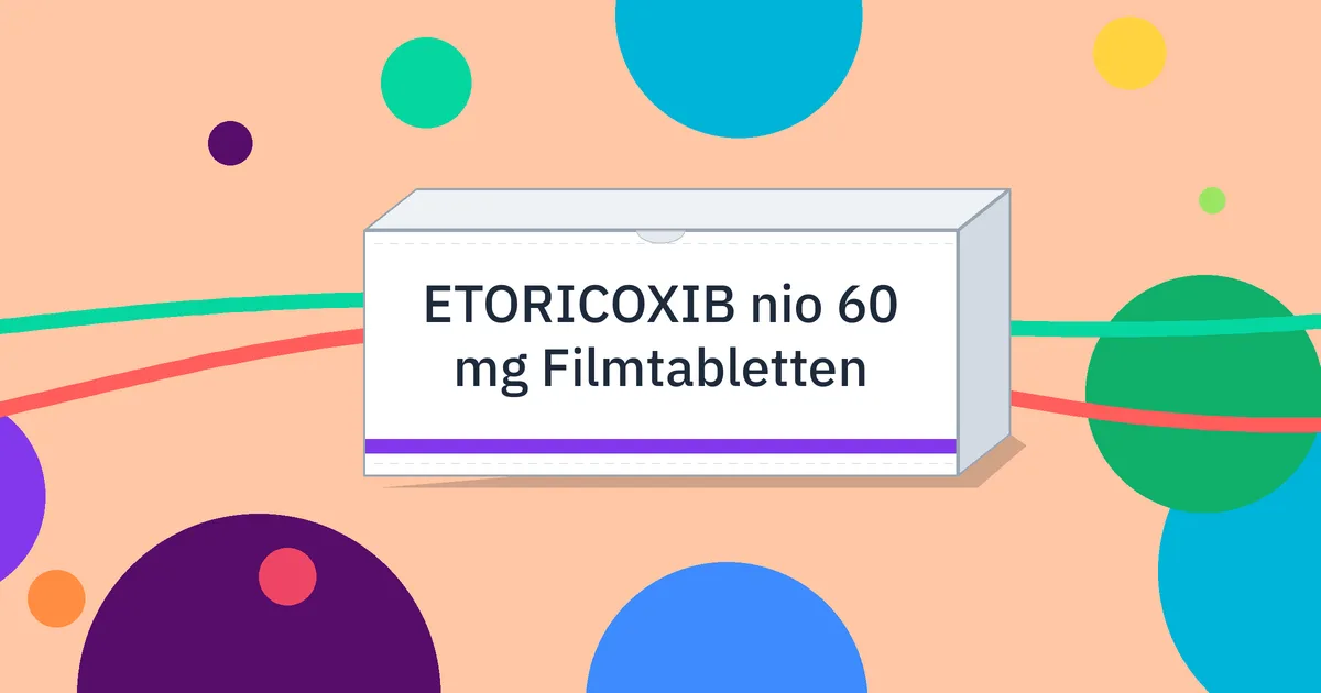 Symbolbild: Packung mit der Aufschrift ETORICOXIB nio 60 mg Filmtabletten (PZN 20348053) – Verfügbarkeit und Bezug in Apotheken in Frankfurt am Main