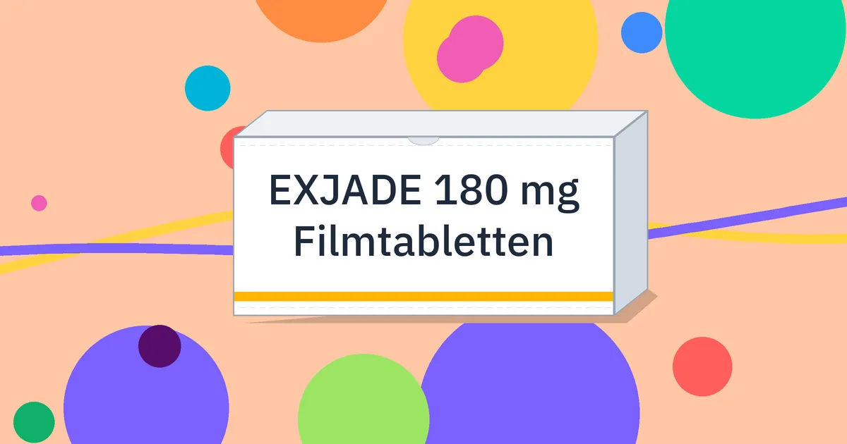 Symbolbild: Packung mit der Aufschrift EXJADE 180 mg Filmtabletten (PZN 13573890) – Verfügbarkeit und Bezug in Apotheken in Frankfurt am Main