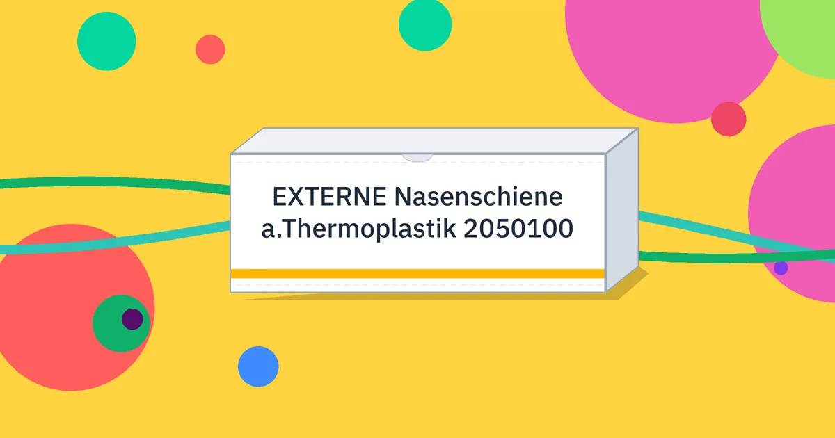Symbolbild: Packung mit der Aufschrift EXTERNE Nasenschiene a.Thermoplastik 2050100 (PZN 00766883) – Verfügbarkeit und Bezug in Apotheken in Frankfurt am Main