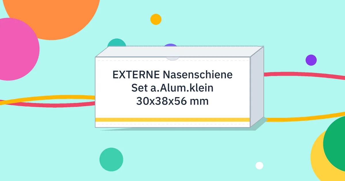 Symbolbild: Packung mit der Aufschrift EXTERNE Nasenschiene Set a.Alum.klein 30x38x56 mm (PZN 06495942) – Verfügbarkeit und Bezug in Apotheken in Frankfurt am Main