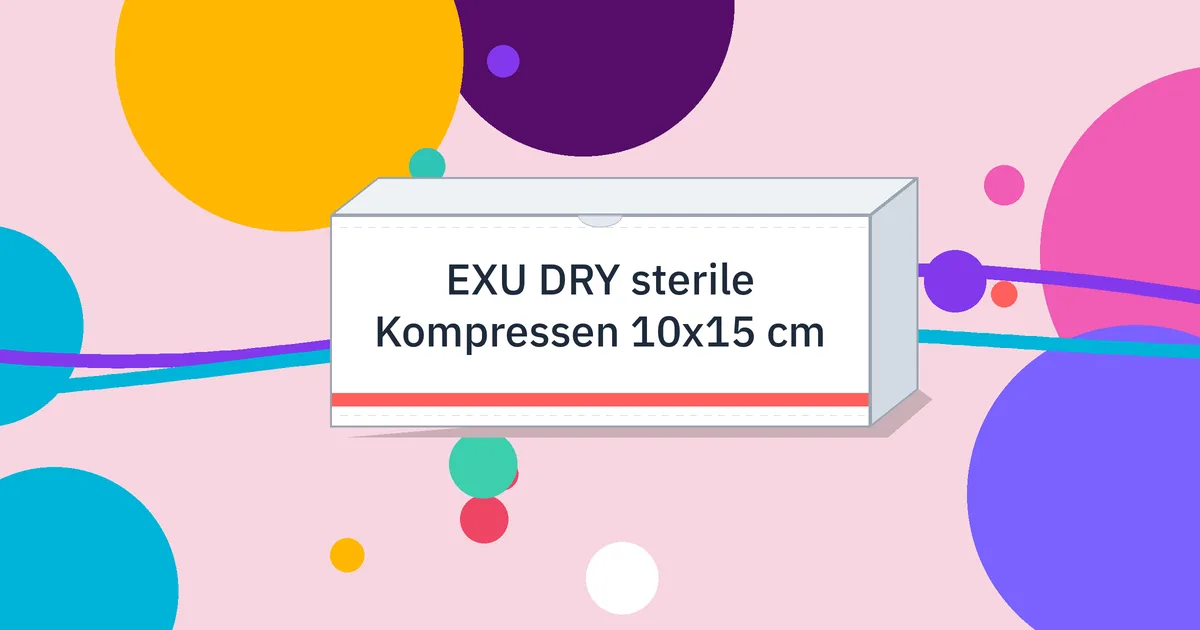 Symbolbild: Packung mit der Aufschrift EXU DRY sterile Kompressen 10x15 cm (PZN 04315427) – Verfügbarkeit und Bezug in Apotheken in Frankfurt am Main
