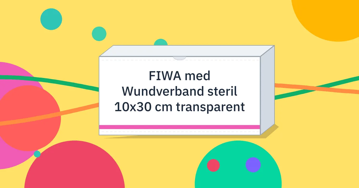 Symbolbild: Packung mit der Aufschrift FIWA med Wundverband steril 10x30 cm transparent (PZN 19813473) – Verfügbarkeit und Bezug in Apotheken in Frankfurt am Main