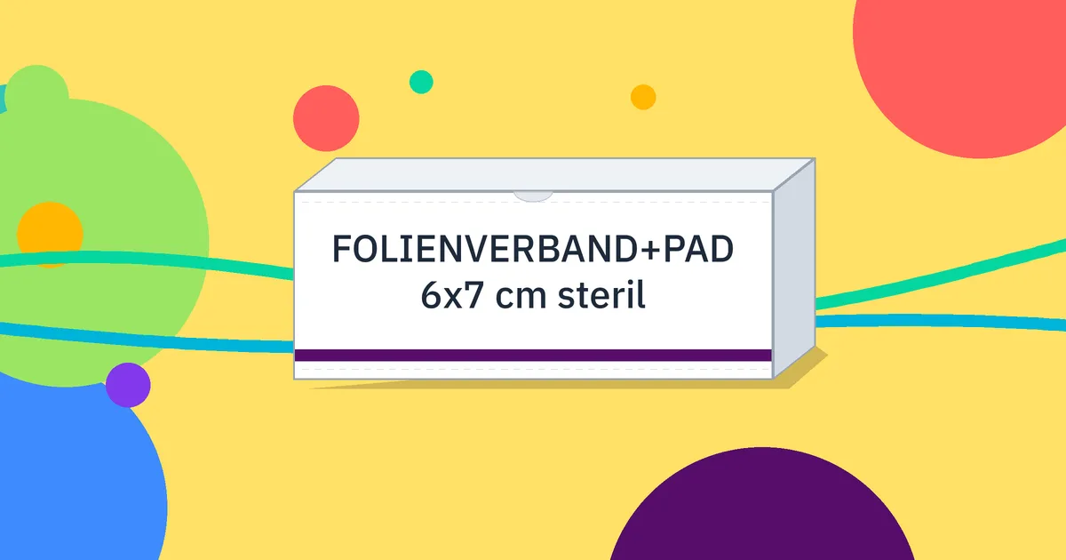 Symbolbild: Packung mit der Aufschrift FOLIENVERBAND+PAD 6x7 cm steril (PZN 17558551) – Verfügbarkeit und Bezug in Apotheken in Frankfurt am Main
