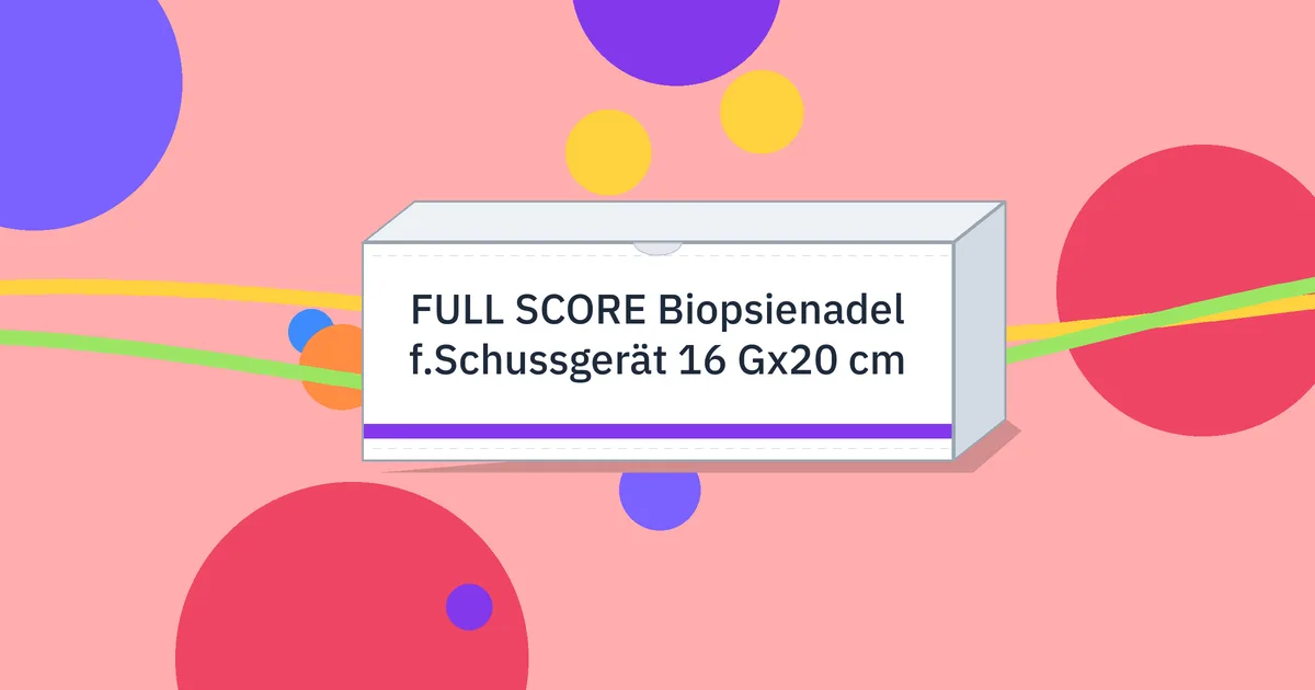 Symbolbild: Packung mit der Aufschrift FULL SCORE Biopsienadel f.Schussgerät 16 Gx20 cm (PZN 12499358) – Verfügbarkeit und Bezug in Apotheken in Frankfurt am Main