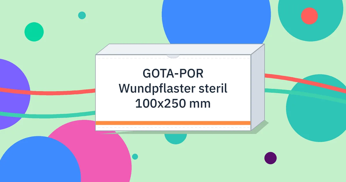 Symbolbild: Packung mit der Aufschrift GOTA-POR Wundpflaster steril 100x250 mm (PZN 04473681) – Verfügbarkeit und Bezug in Apotheken in Frankfurt am Main
