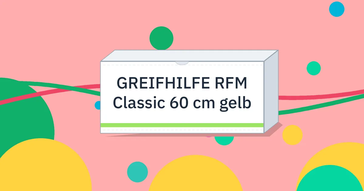 Symbolbild: Packung mit der Aufschrift GREIFHILFE RFM Classic 60 cm gelb (PZN 20323685) – Verfügbarkeit und Bezug in Apotheken in Frankfurt am Main