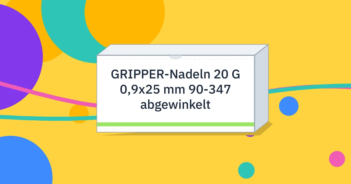 Symbolbild: Packung mit der Aufschrift GRIPPER-Nadeln 20 G 0,9x25 mm 90-347 abgewinkelt (PZN 14287011) – Verfügbarkeit und Bezug in Apotheken in Frankfurt am Main
