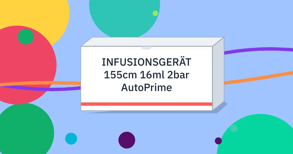 Symbolbild: Packung mit der Aufschrift INFUSIONSGERÄT 155cm 16ml 2bar AutoPrime (PZN 18469223) – Verfügbarkeit und Bezug in Apotheken in Frankfurt am Main