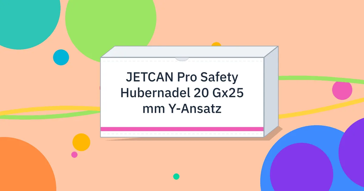 Symbolbild: Packung mit der Aufschrift JETCAN Pro Safety Hubernadel 20 Gx25 mm Y-Ansatz (PZN 19238856) – Verfügbarkeit und Bezug in Apotheken in Frankfurt am Main