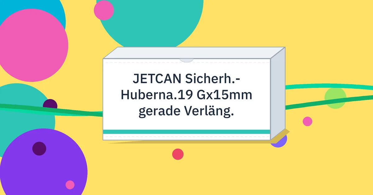 Symbolbild: Packung mit der Aufschrift JETCAN Sicherh.-Huberna.19 Gx15mm gerade Verläng. (PZN 20836019) – Verfügbarkeit und Bezug in Apotheken in Frankfurt am Main
